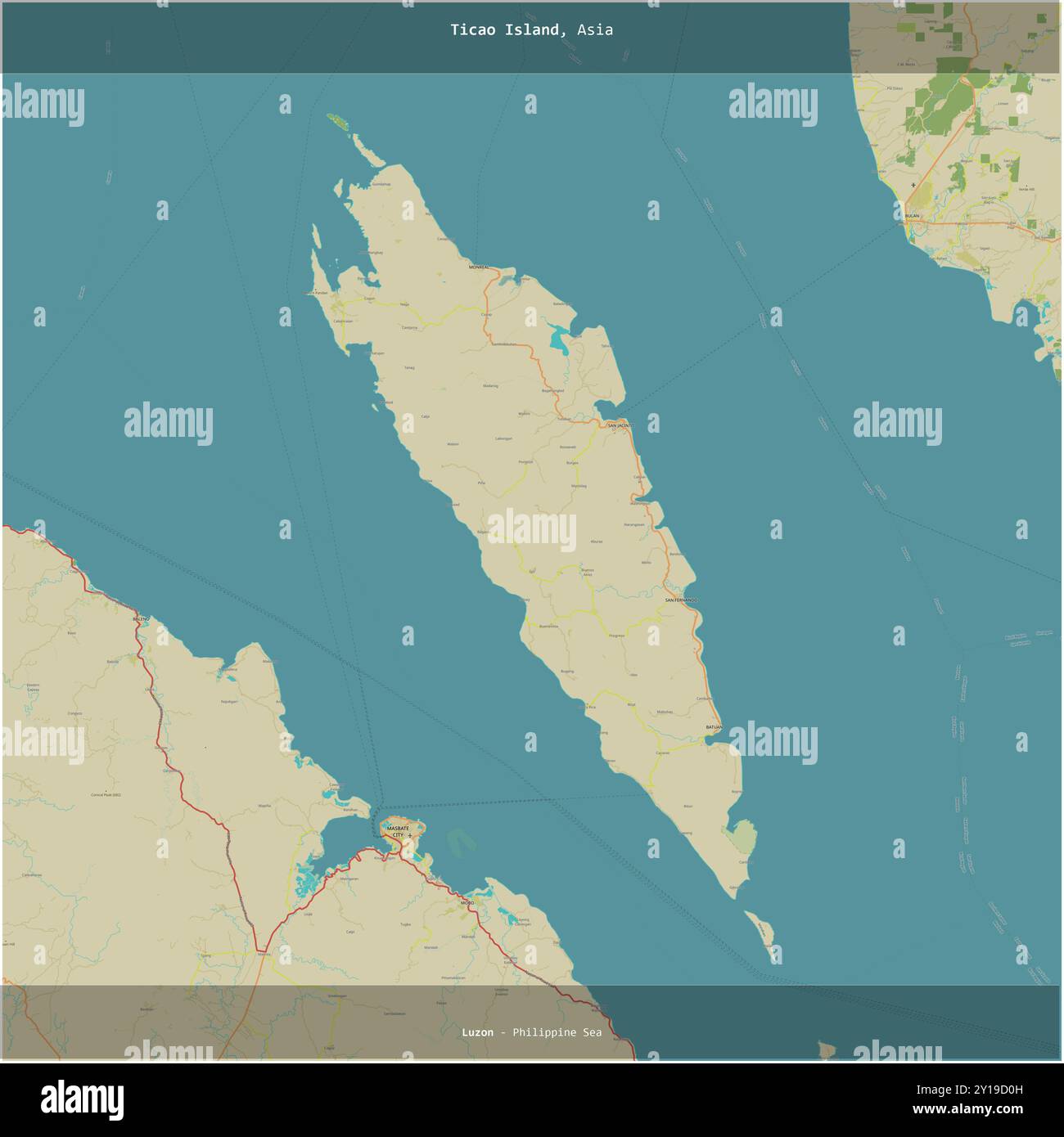 Ticao Island in the Philippine Sea, belonging to Philippines, cropped to square on a topographic ...