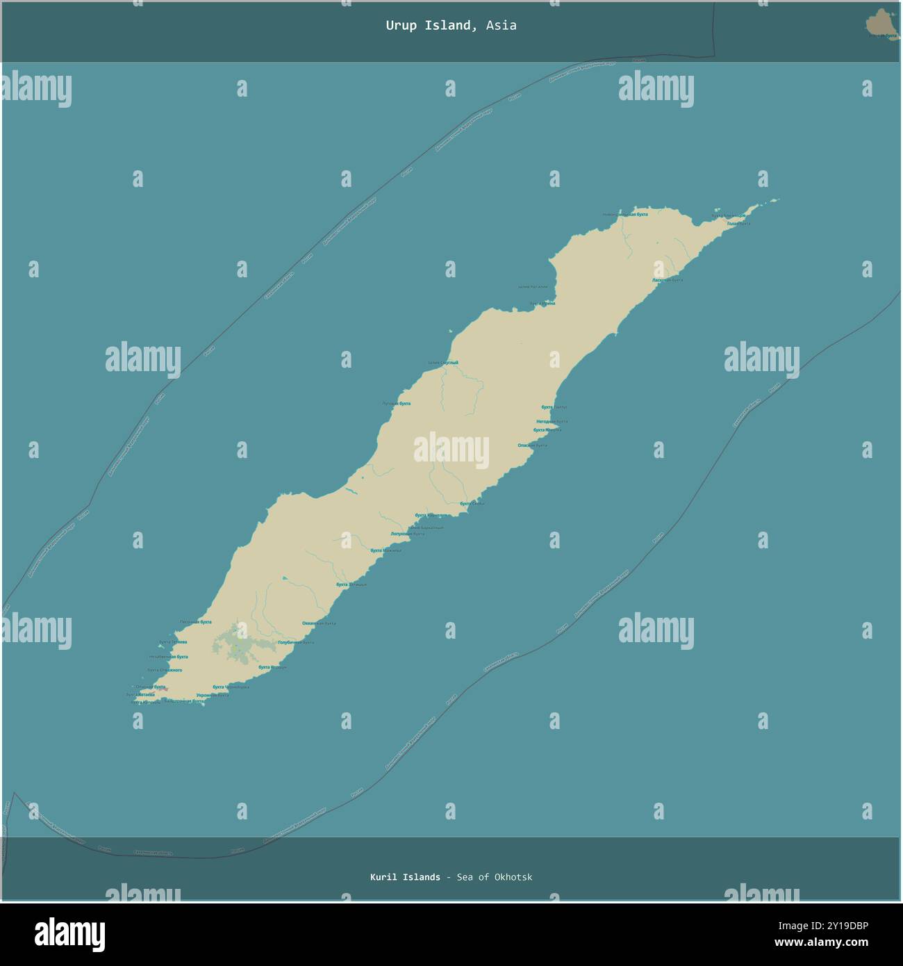 Urup Island in the Sea of Okhotsk, belonging to Russia, cropped to ...