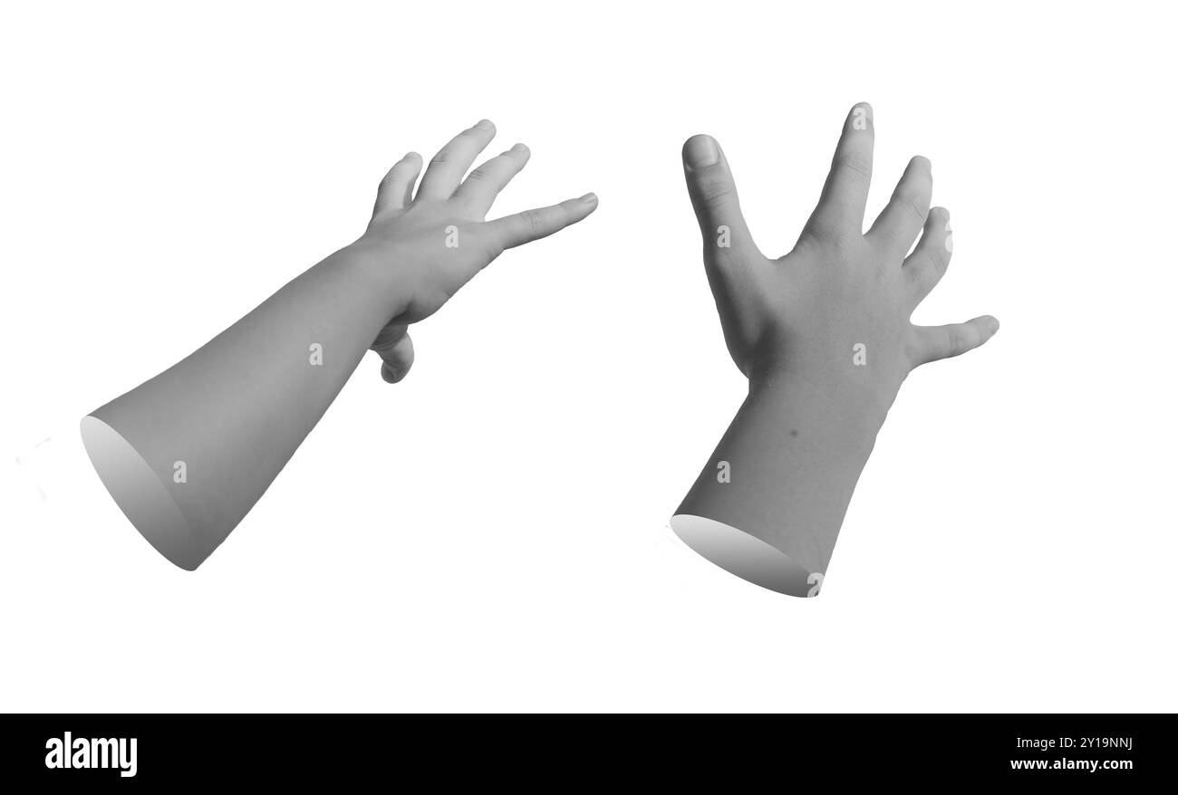 Kids hand in virtual reality VR perspective, reaching out with open ...