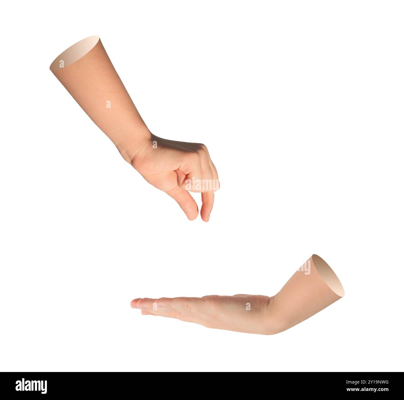 Hands giving, and palm taking and getting isolated on white background ...