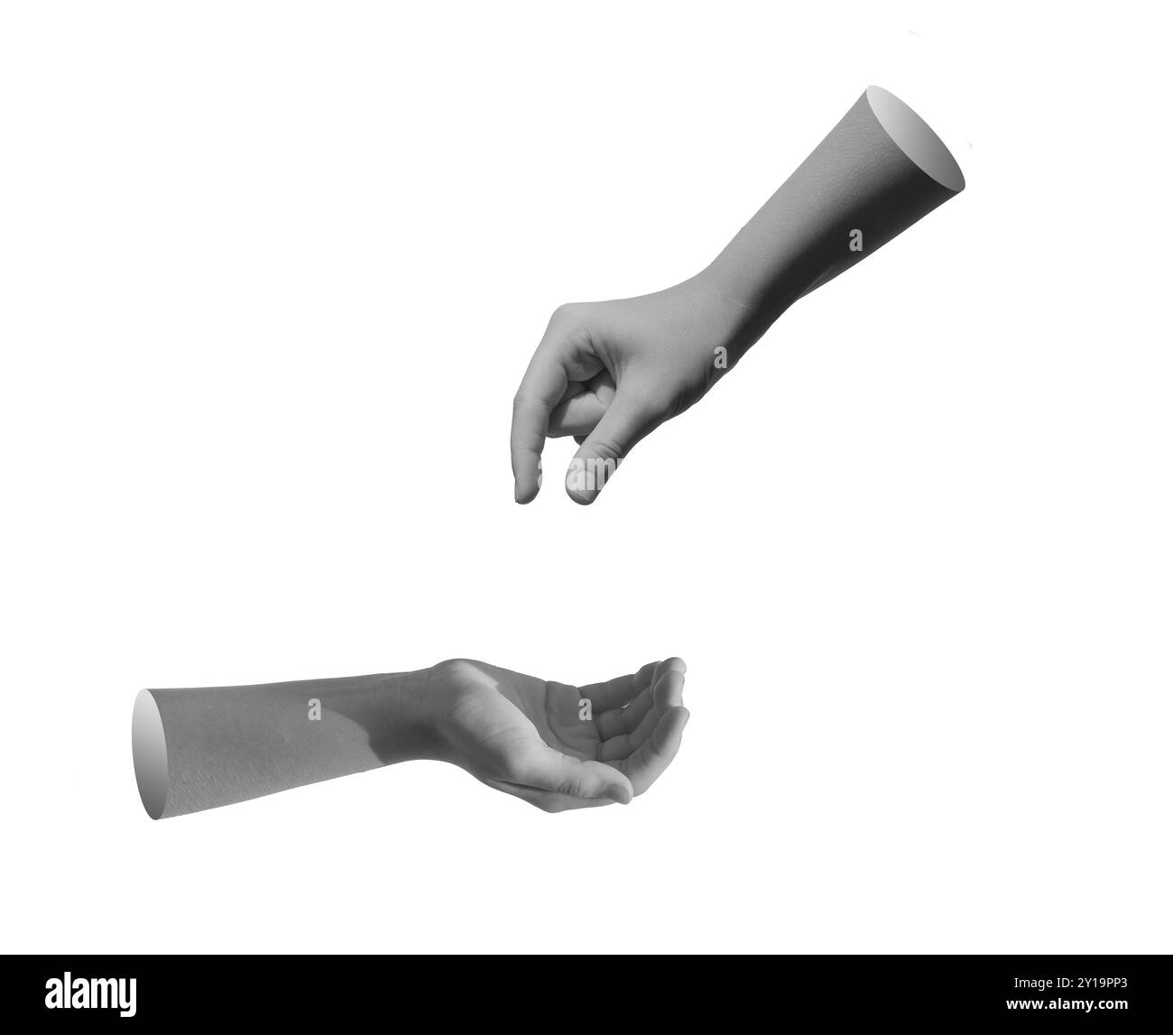 Kids hand giving and taking something, isolated on white background ...