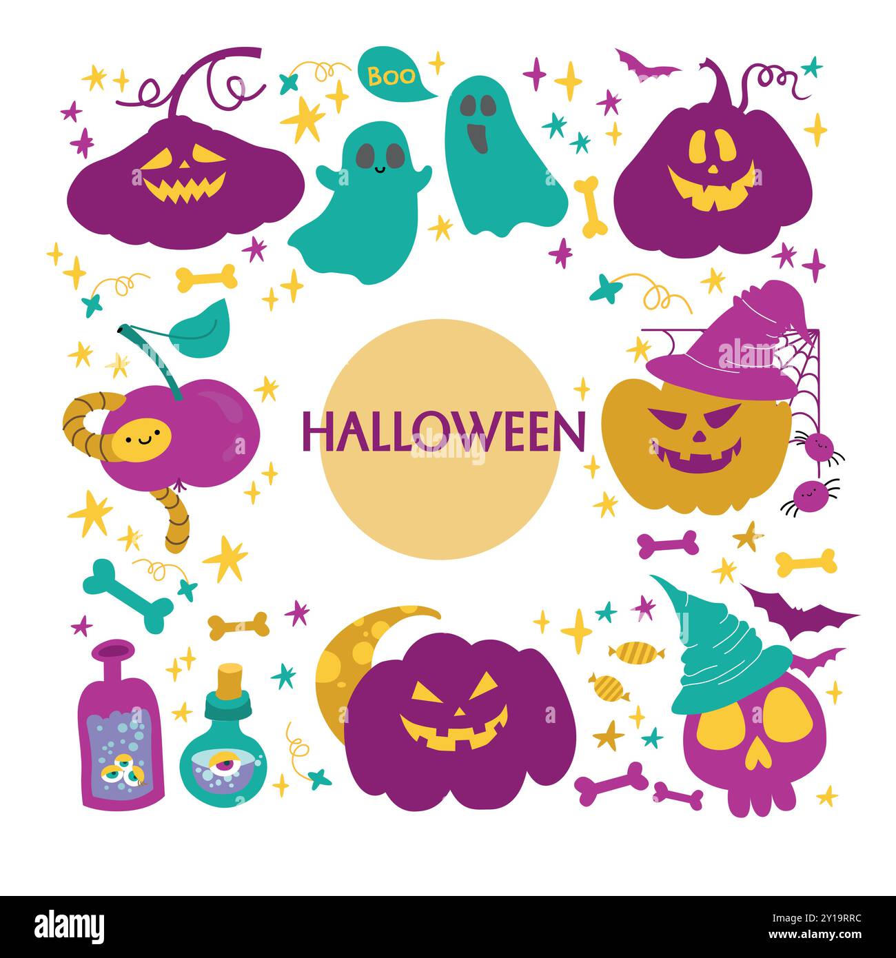 Cute Happy Halloween set. Funny spooky ghost pumpkins, emotional ...