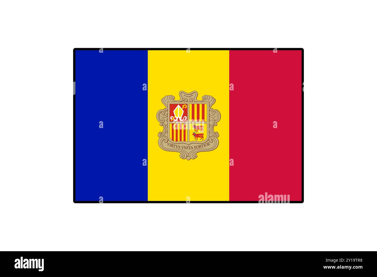 The flag of Andorra features three vertical stripes in blue, yellow ...