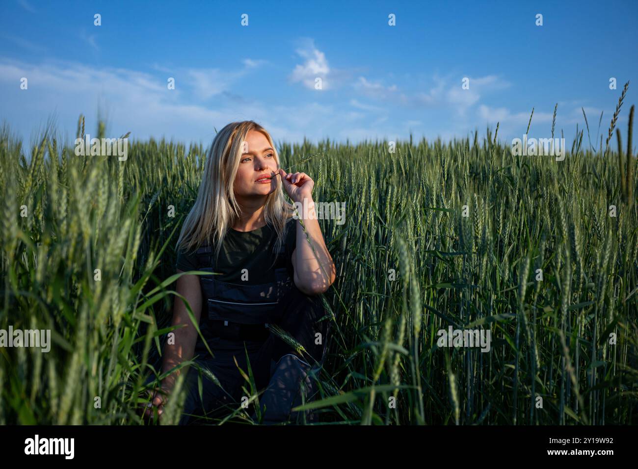 Contemplating Harvest: A female Farmer's Moment of Reflection Stock ...