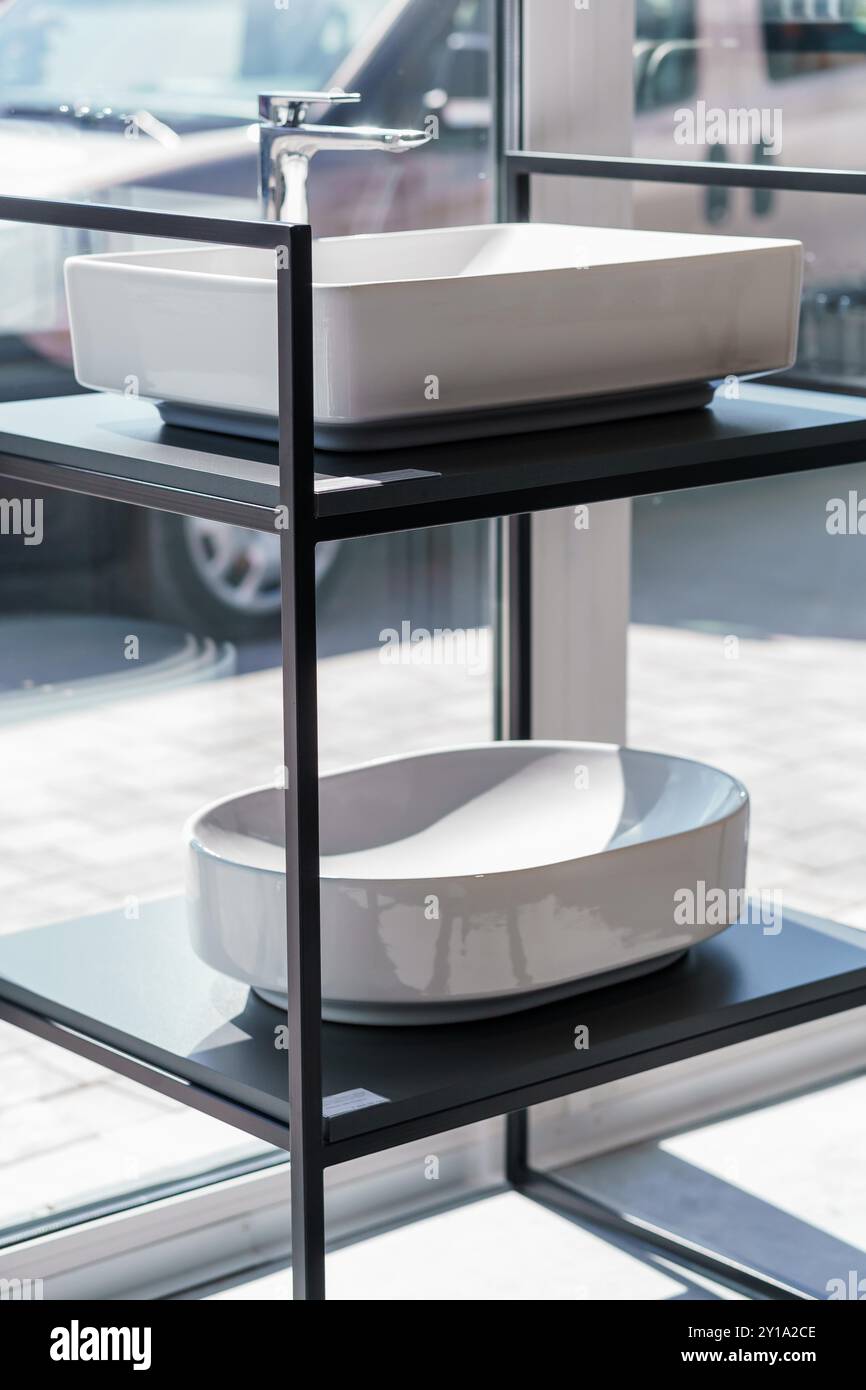 Elegant Display of Modern Ceramic Basins in Sunlit Bathroom Setting ...