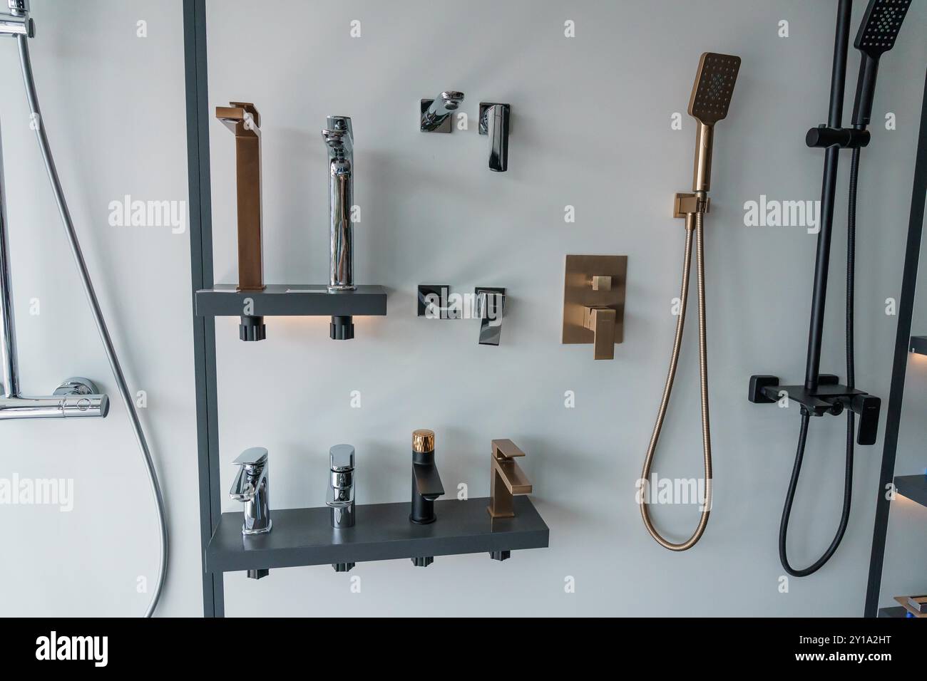 Elegant Display of Modern Bathroom Faucets and Accessories Stock Photo ...