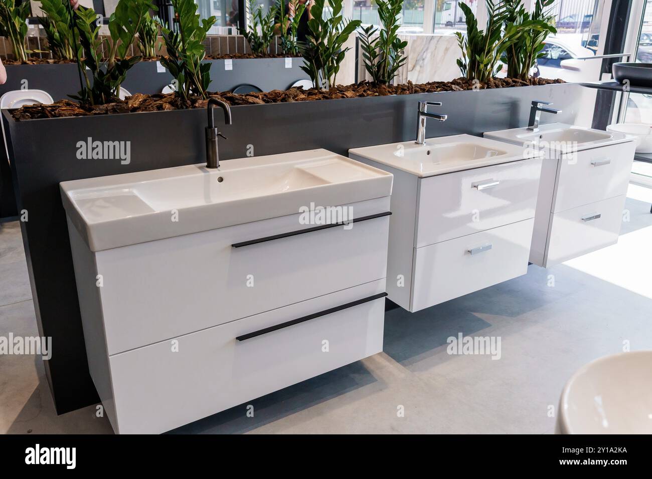 Modern Bathroom Display with Elegant Sinks and Lush Greenery Stock ...