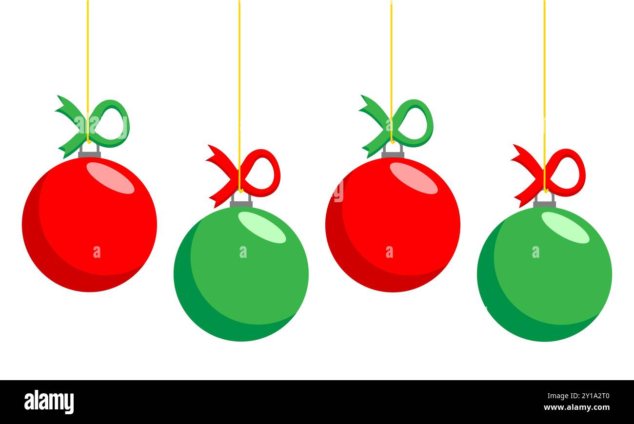 Green and Red Christmas baubles on a string with a ribbon isolated on a ...