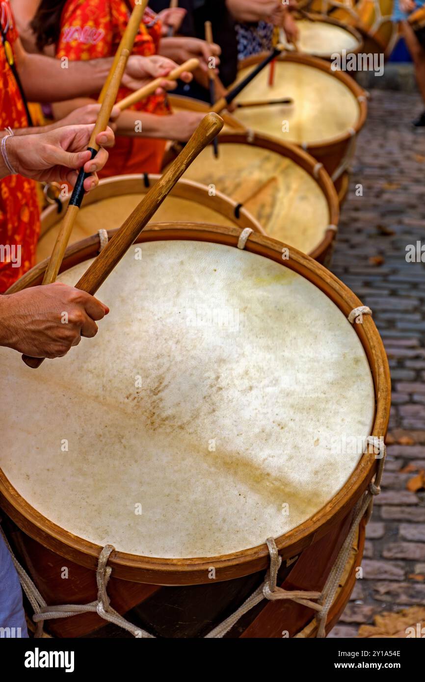 Group of percussionists and their drums on the streets of Recife during ...