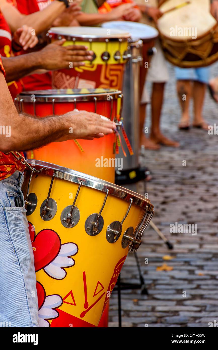 Colorful drums at the street carnival in the city of Recife, Pernambuco ...