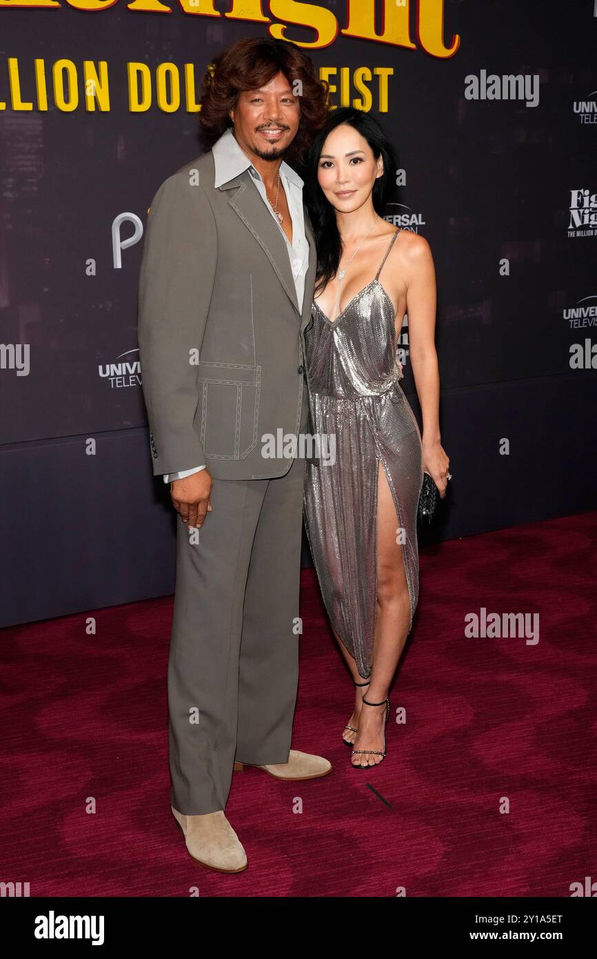 Terrence Howard and Miranda Pak attend the premiere of Peacock's "Fight ...