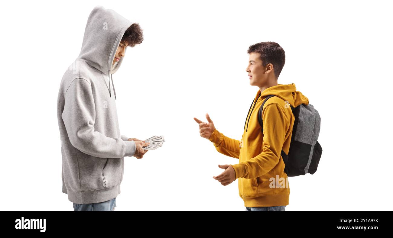 Teenage boys talking and counting money isolated on white background ...