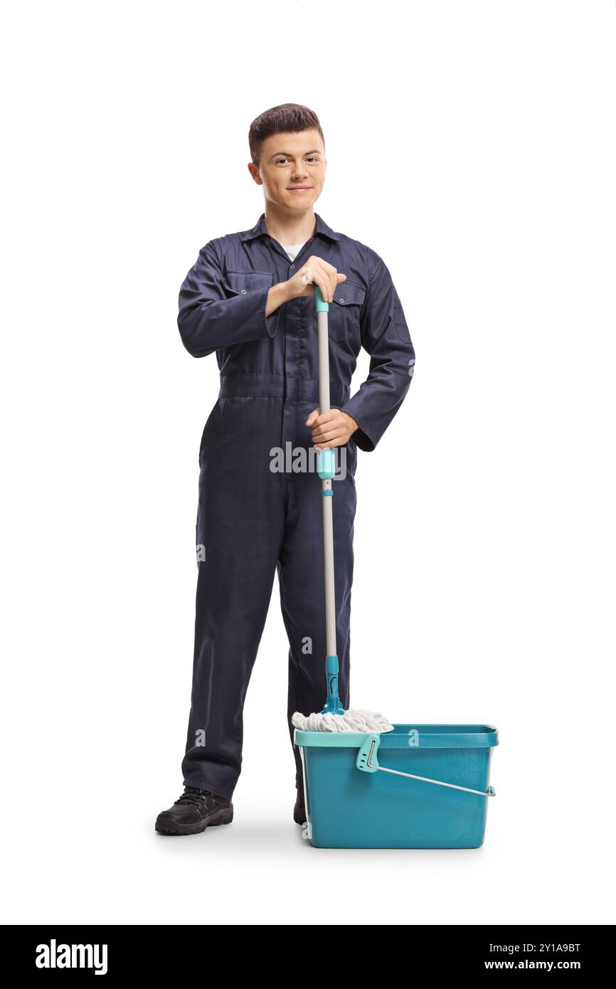Full length portrait of a male professional cleaner with a bucket and a ...