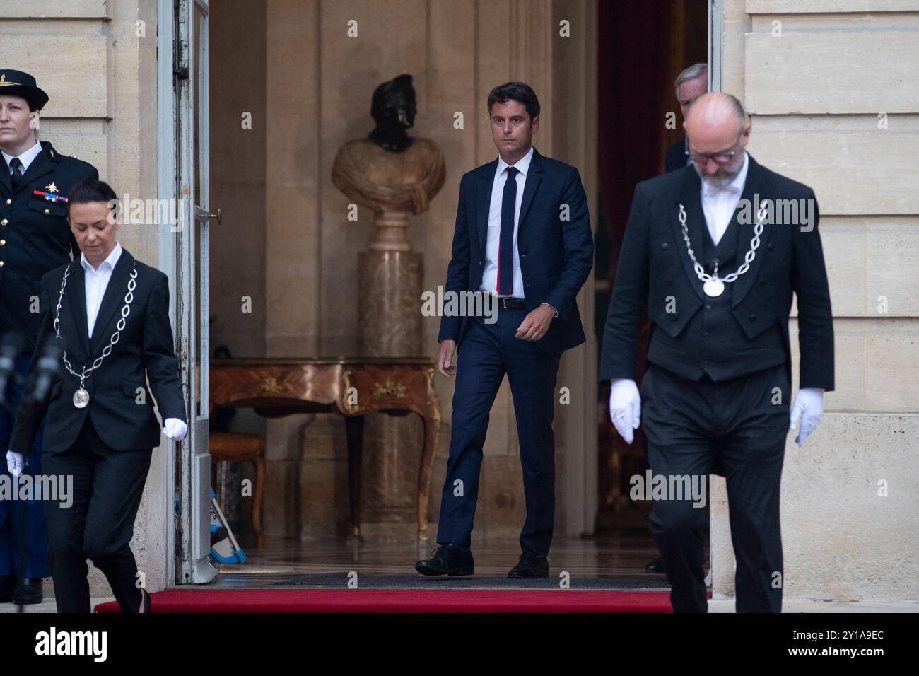 French outgoing Prime Minister Gabriel Attal during the handover ...