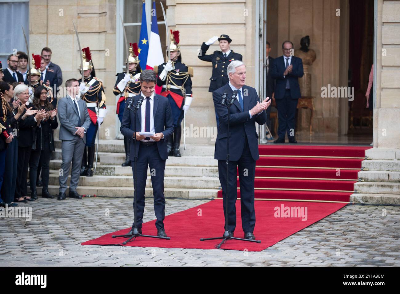 French outgoing Prime Minister Gabriel Attal and new French Prime ...