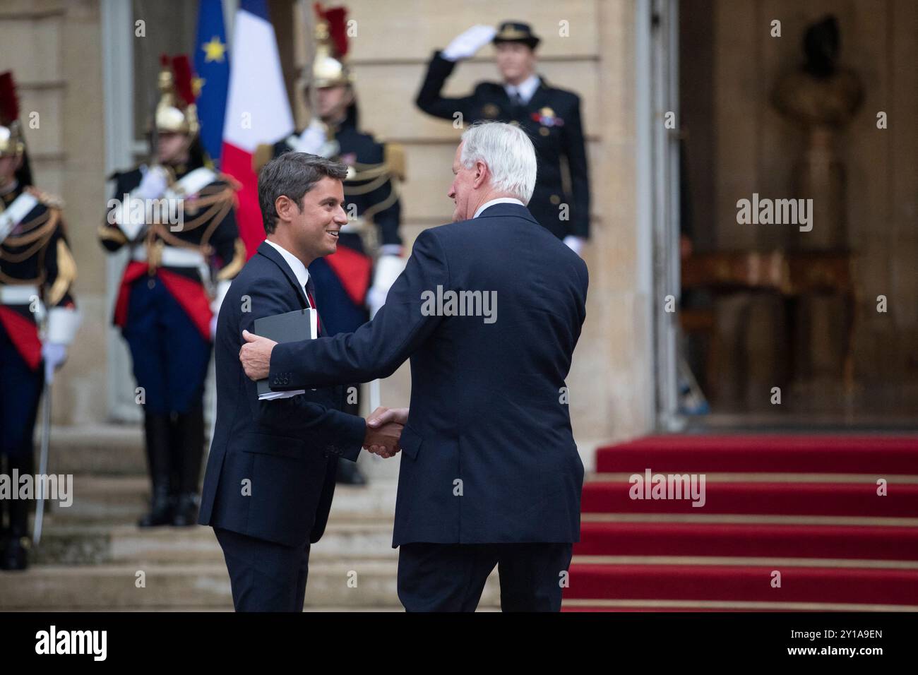 French outgoing Prime Minister Gabriel Attal and new French Prime ...