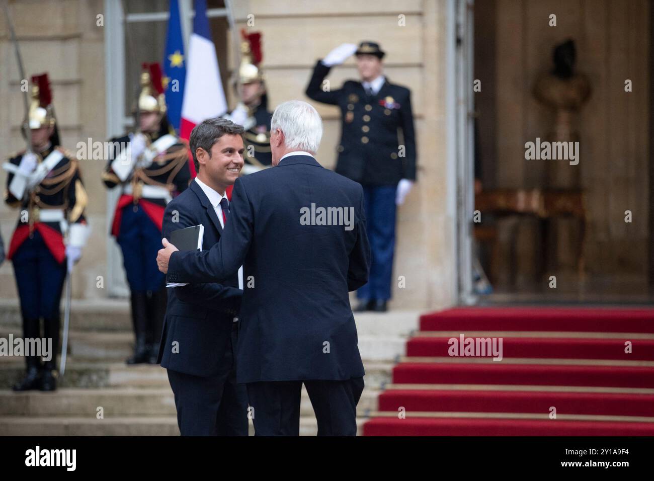 French outgoing Prime Minister Gabriel Attal and new French Prime ...
