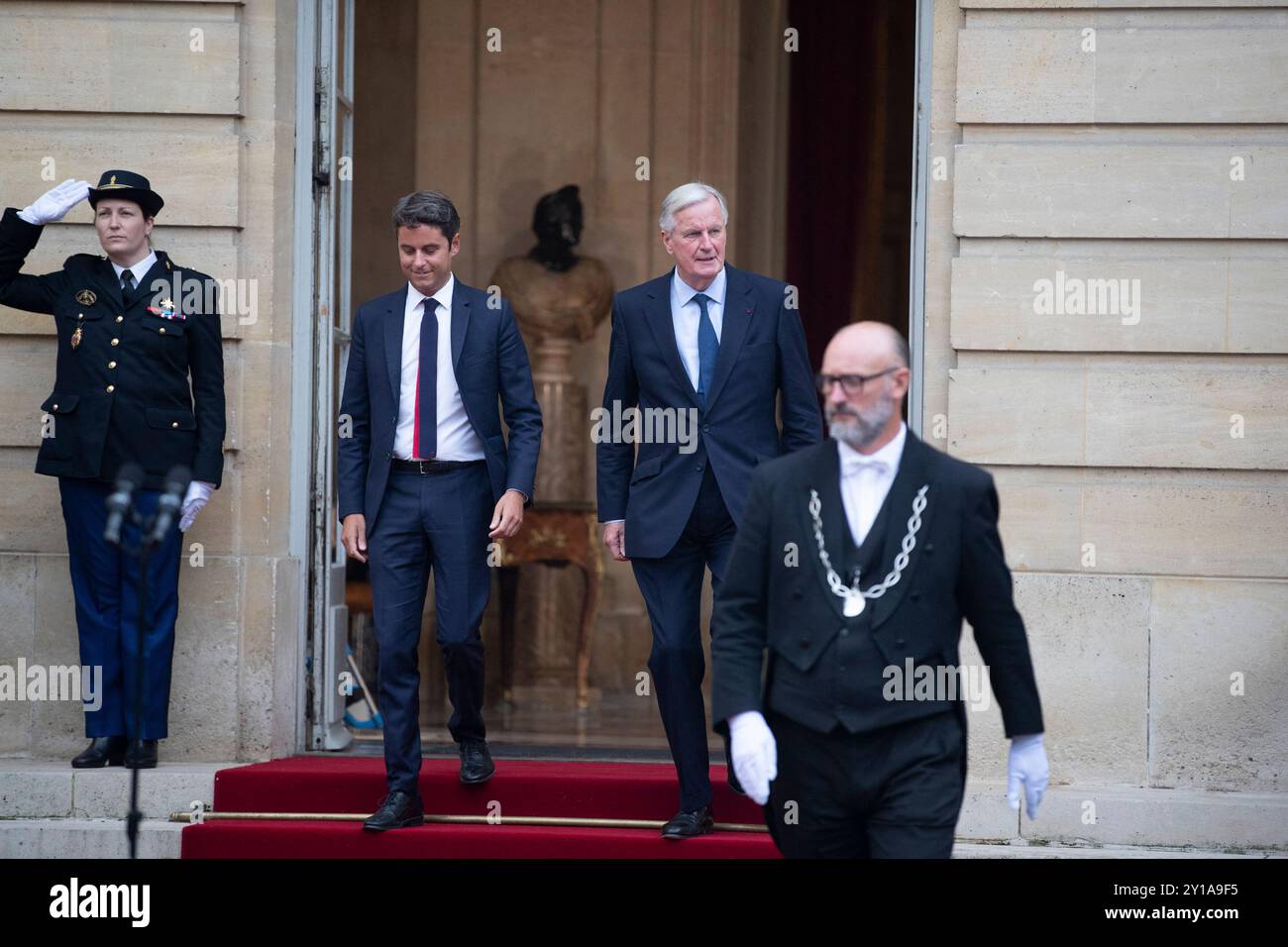 French outgoing Prime Minister Gabriel Attal and new French Prime ...