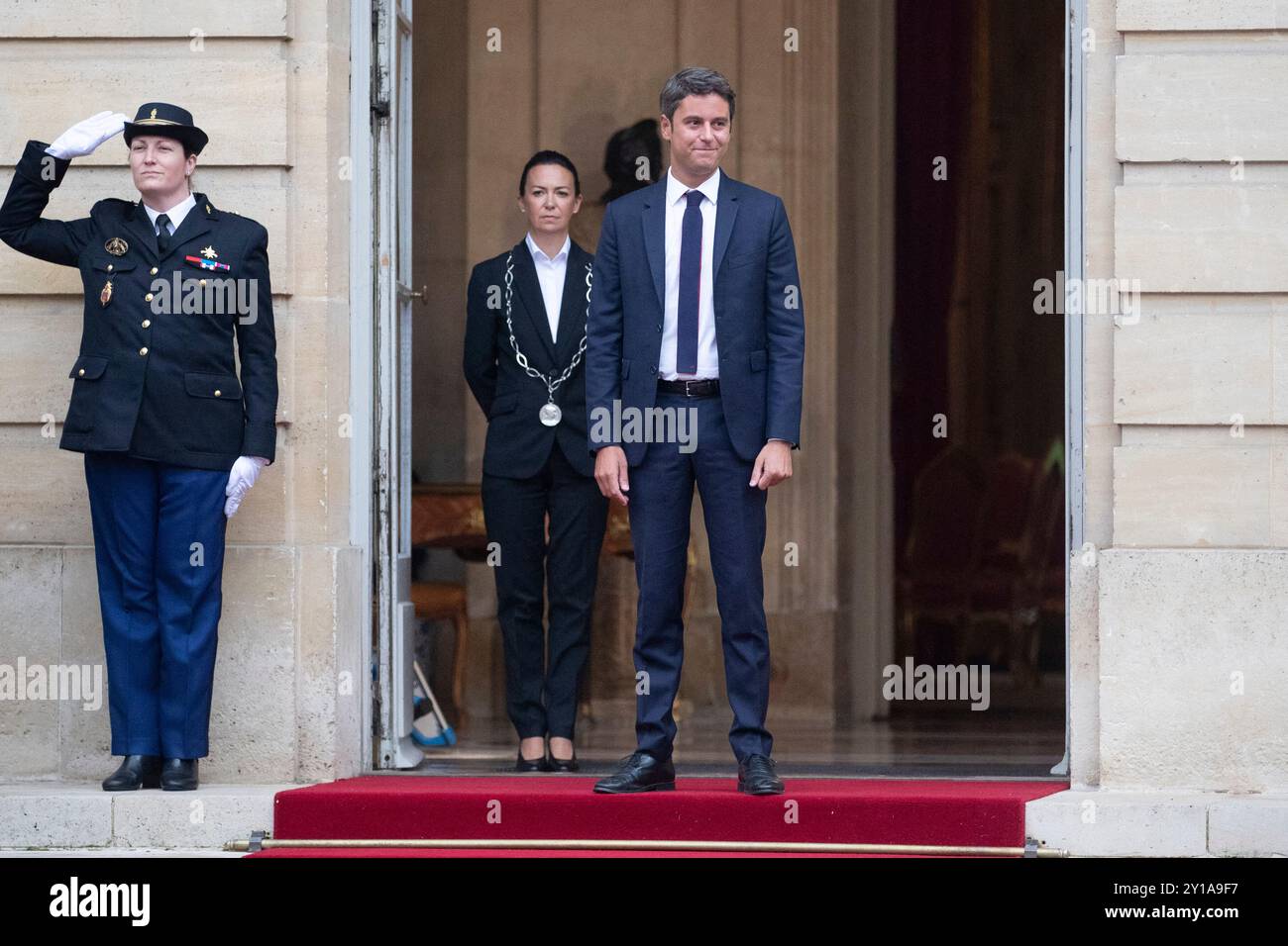 French outgoing Prime Minister Gabriel Attal during the handover ...