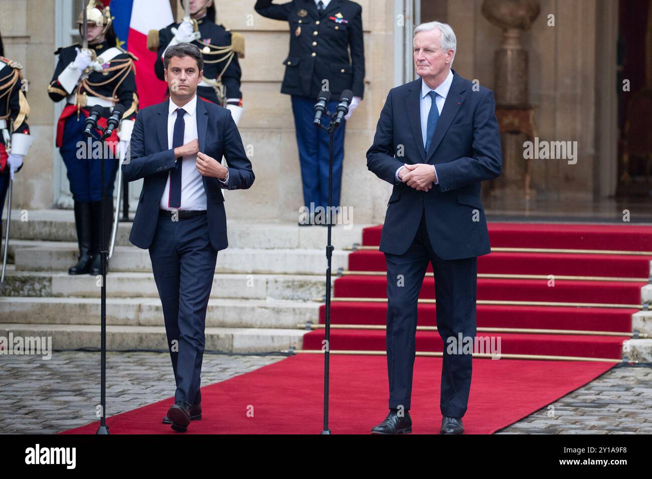 French outgoing Prime Minister Gabriel Attal and new French Prime ...