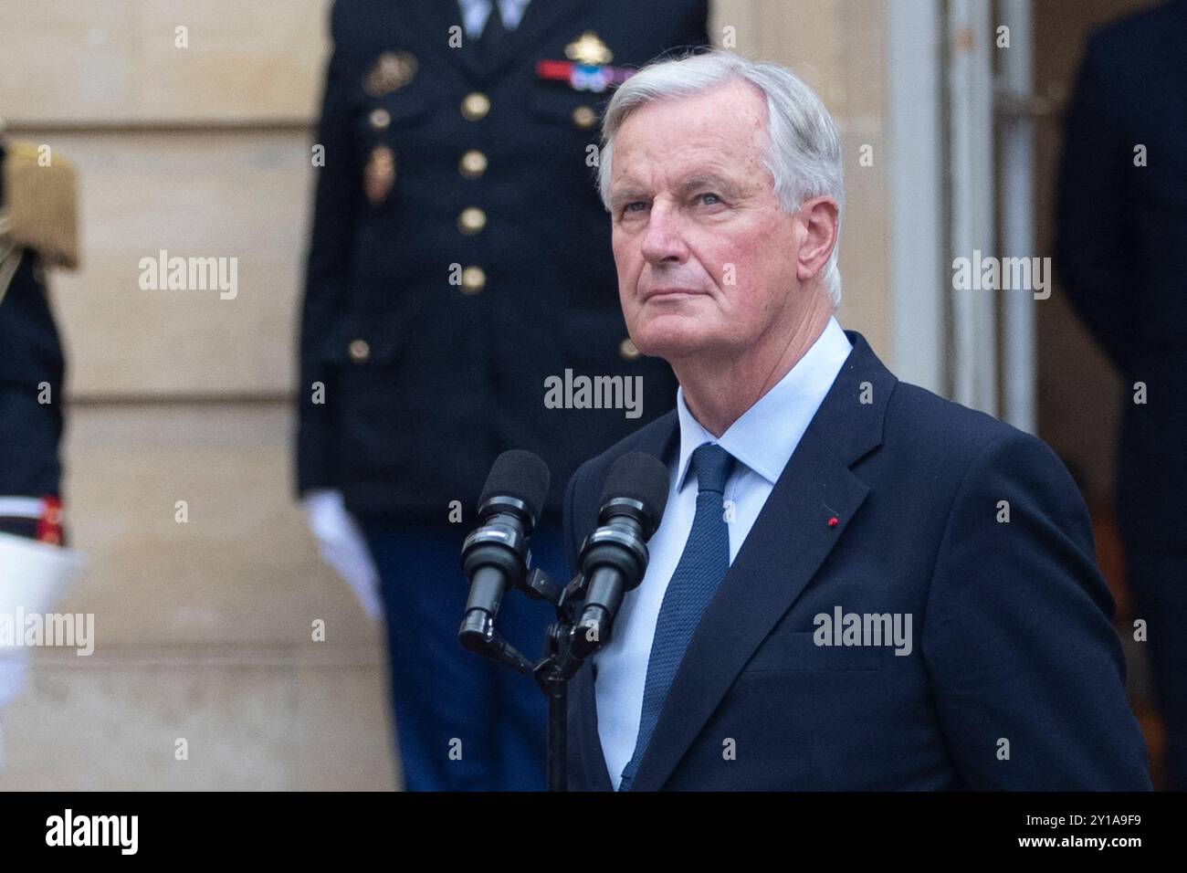 New French Prime Minister Michel Barnier during the handover ceremony ...