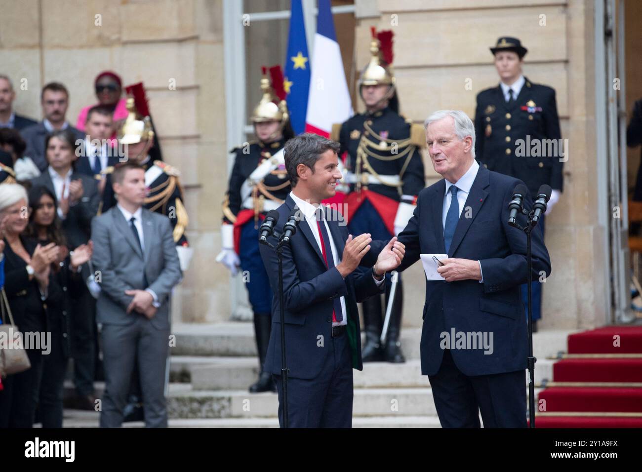 French outgoing Prime Minister Gabriel Attal and new French Prime ...