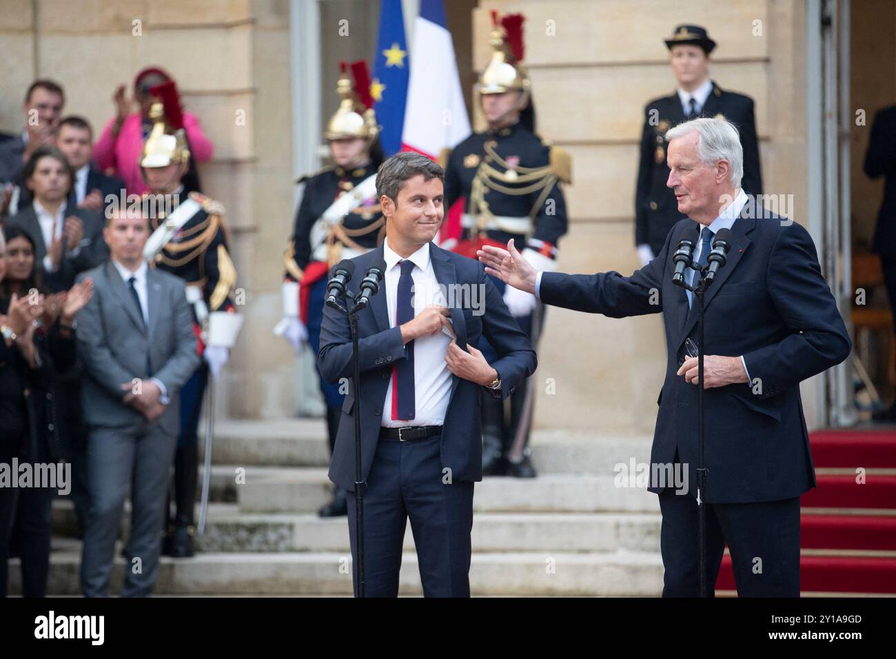 French outgoing Prime Minister Gabriel Attal and new French Prime ...