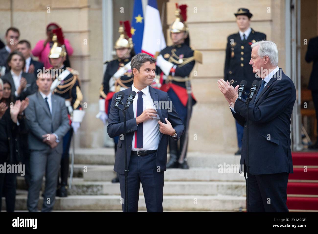 French outgoing Prime Minister Gabriel Attal and new French Prime ...