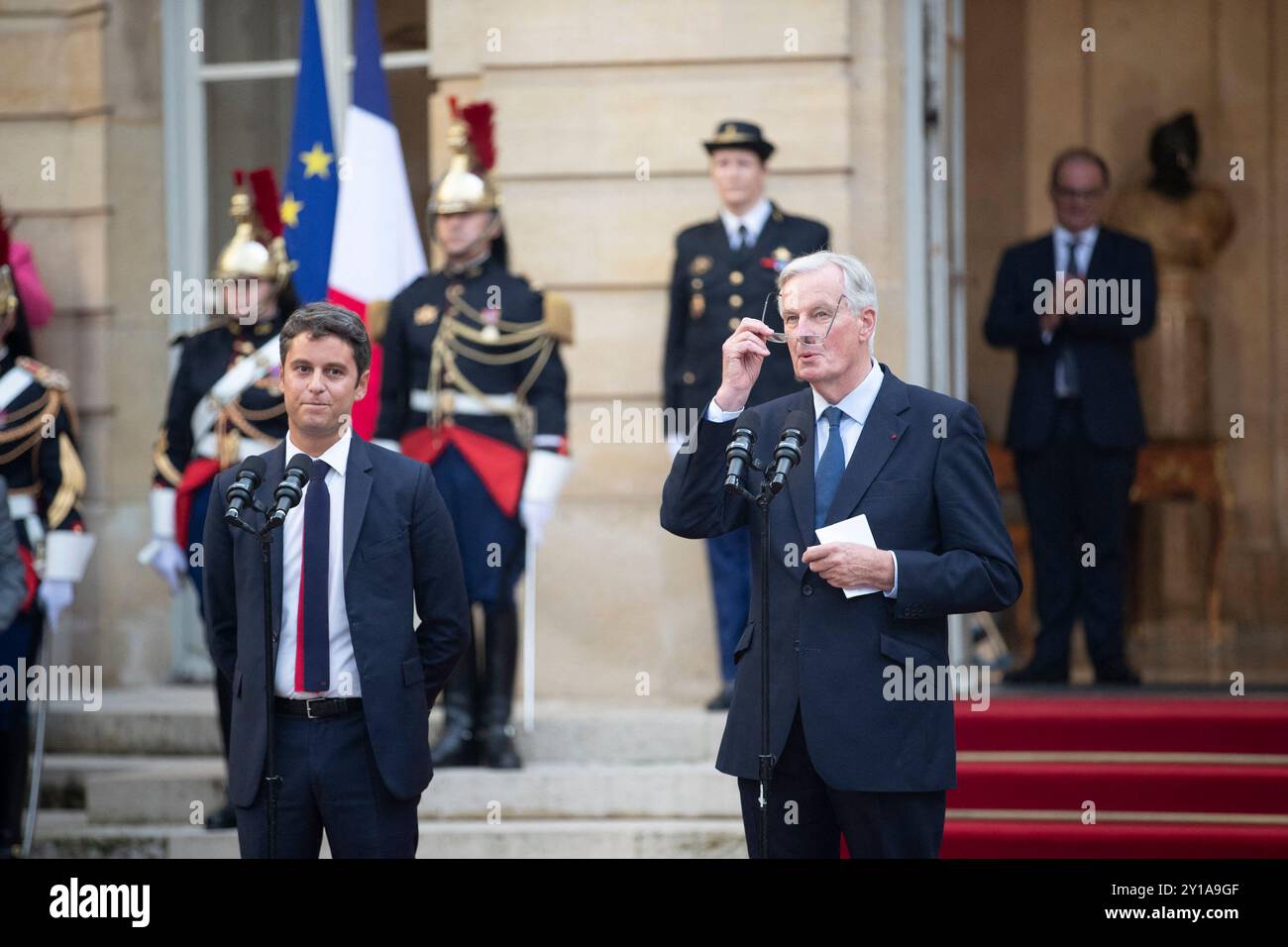 French outgoing Prime Minister Gabriel Attal and new French Prime ...