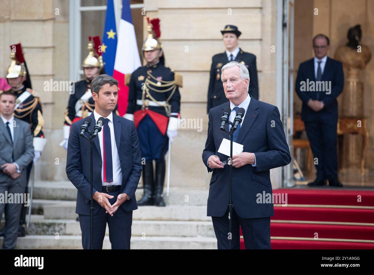 French outgoing Prime Minister Gabriel Attal and new French Prime ...