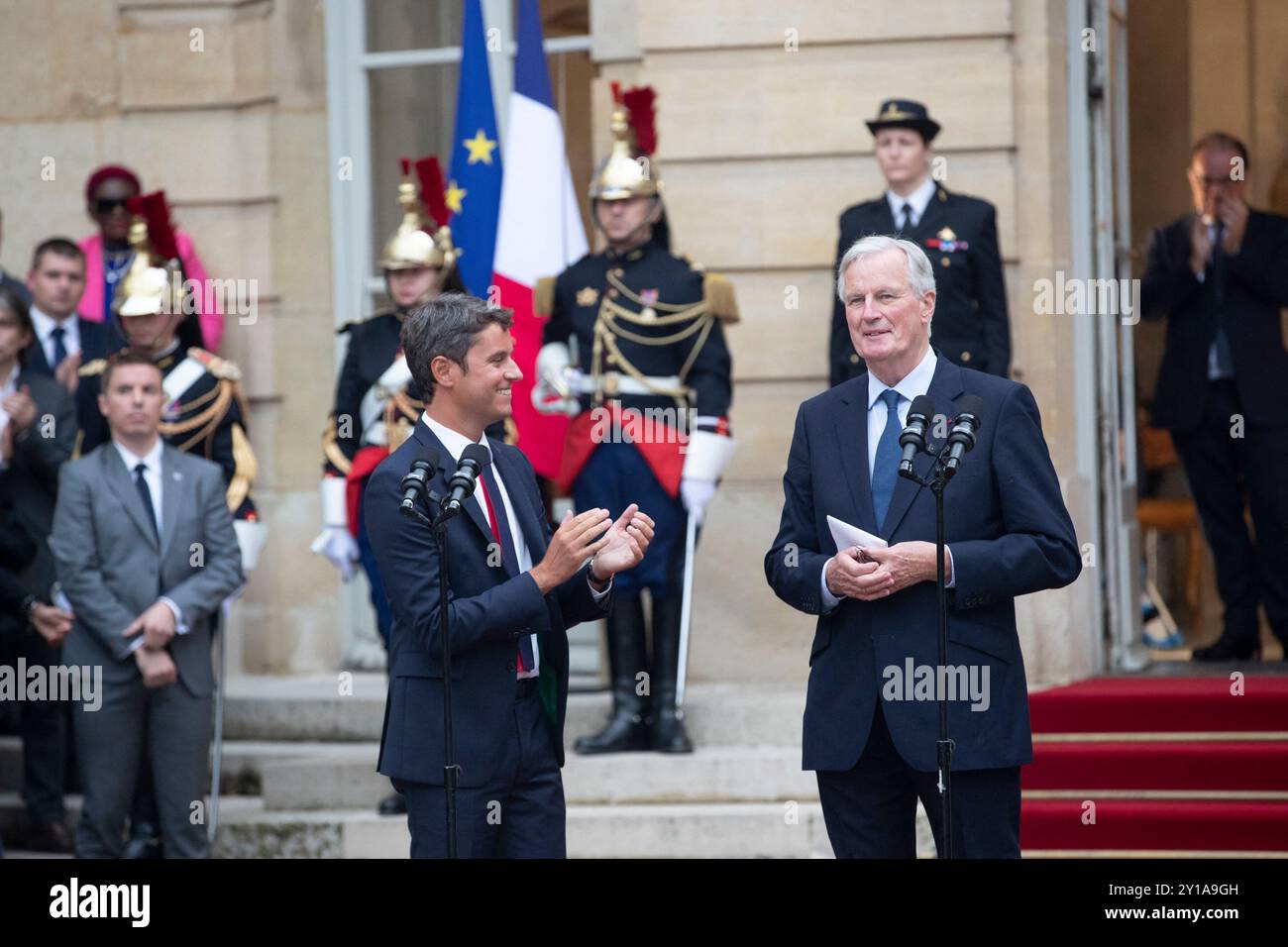 French outgoing Prime Minister Gabriel Attal and new French Prime ...