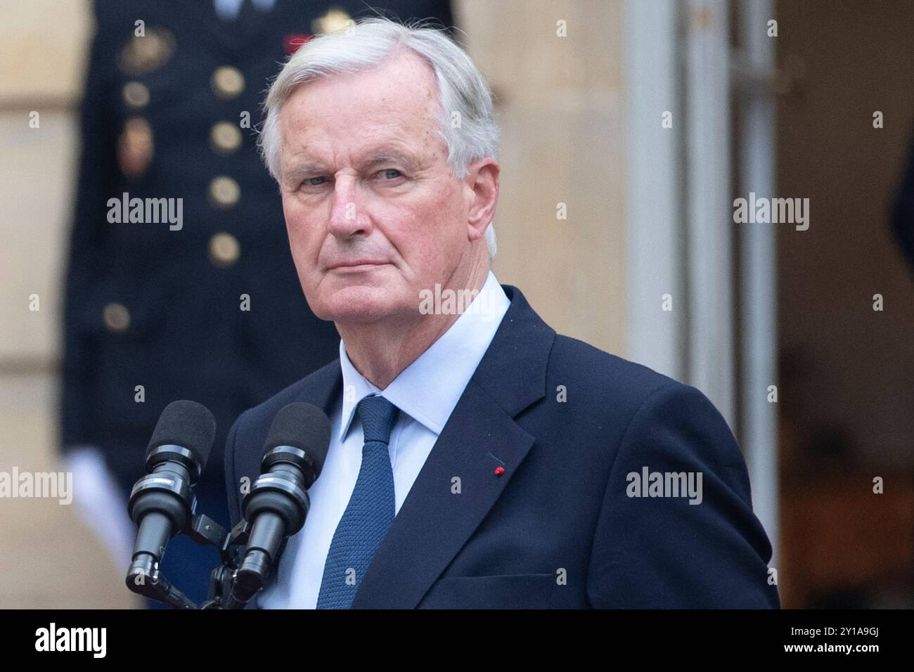 New French Prime Minister Michel Barnier during the handover ceremony ...