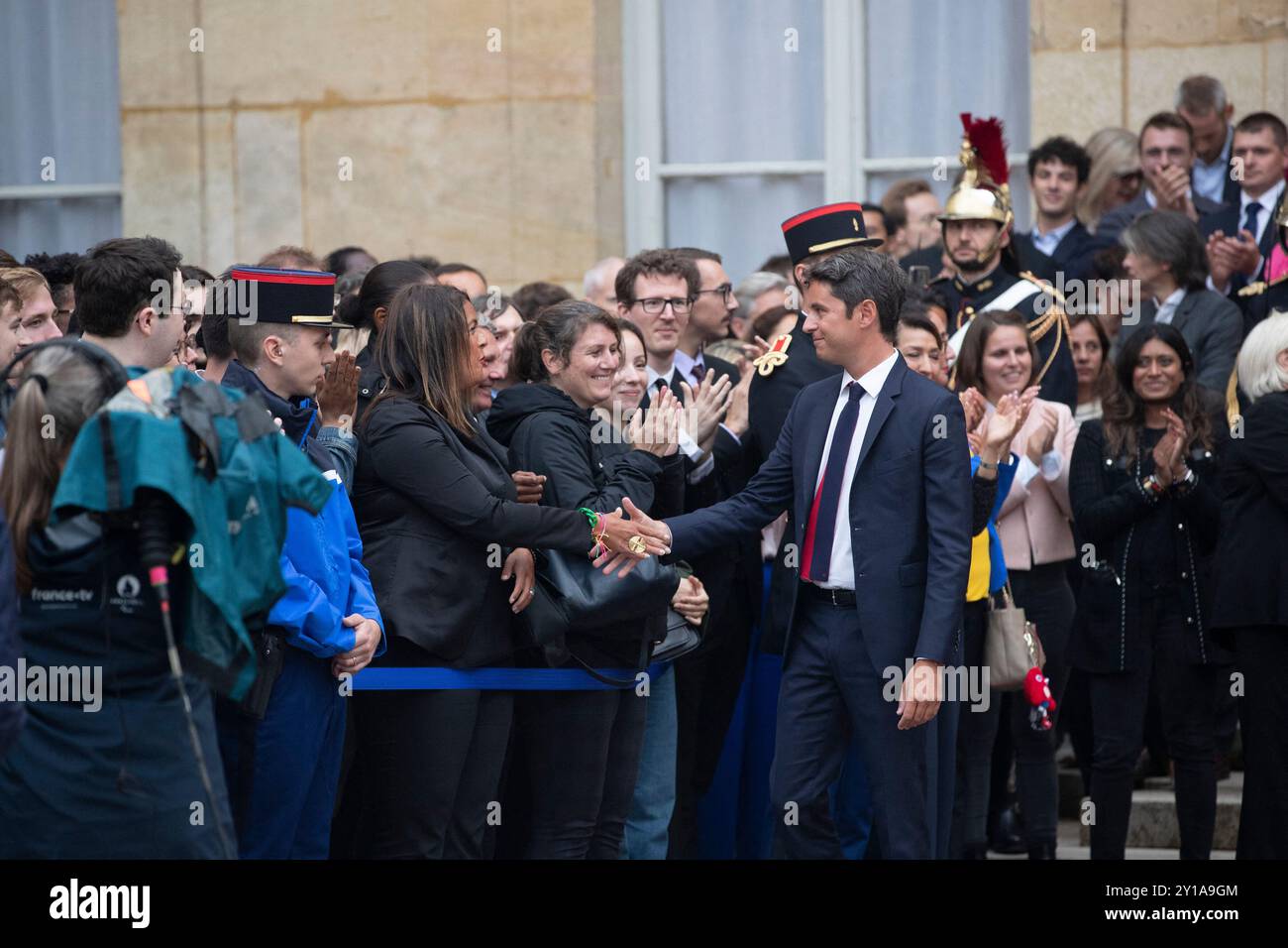 French outgoing Prime Minister Gabriel Attal during the handover ...