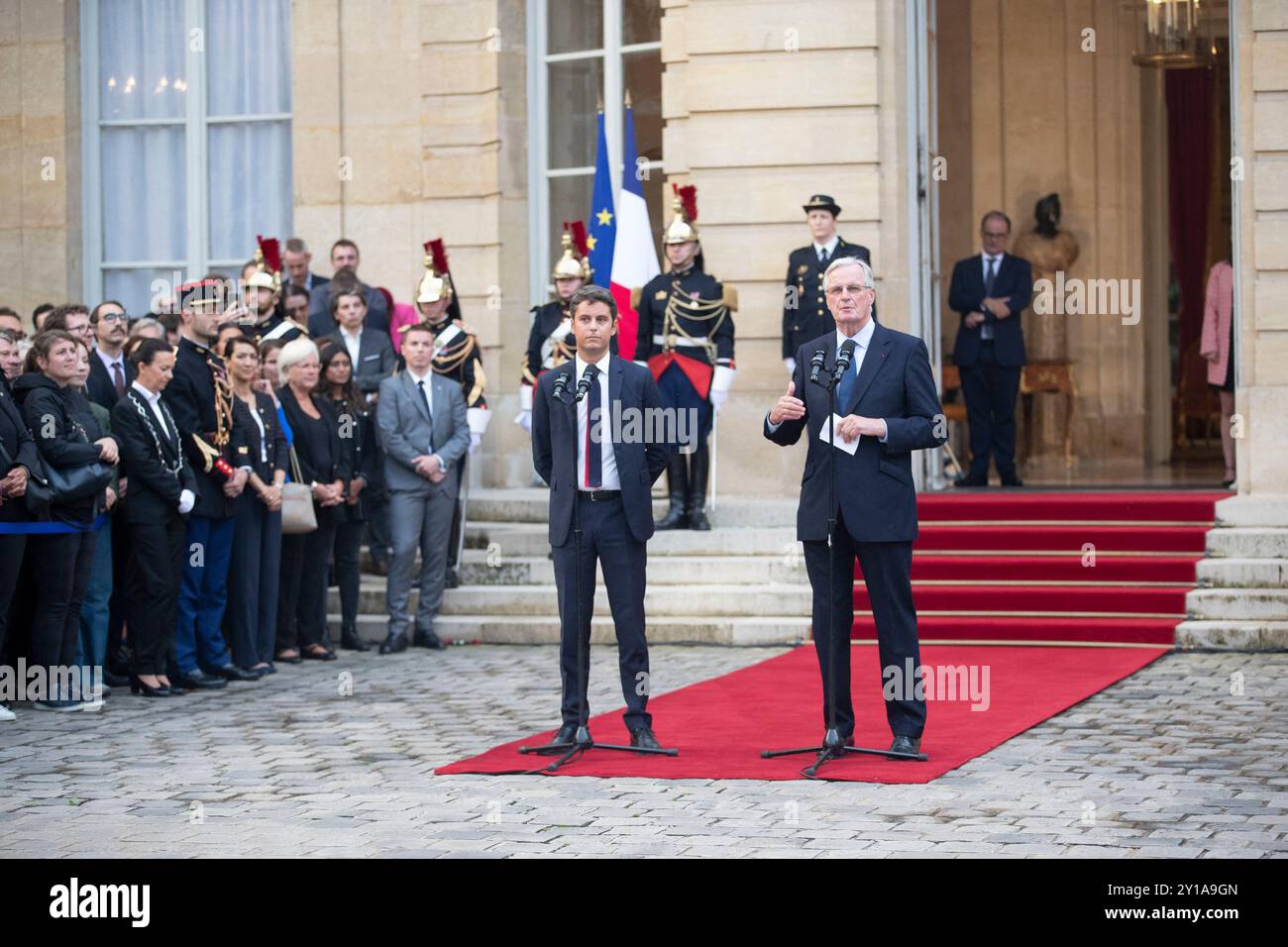 French outgoing Prime Minister Gabriel Attal and new French Prime ...