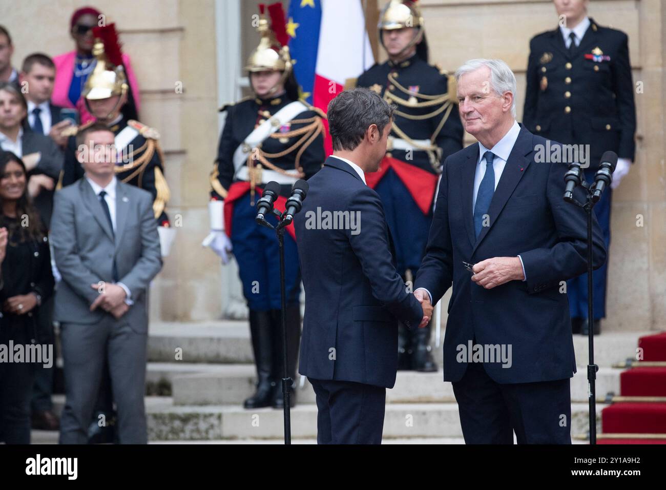 French outgoing Prime Minister Gabriel Attal and new French Prime ...