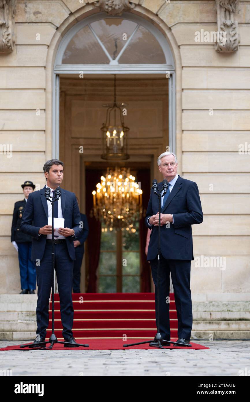 French outgoing Prime Minister Gabriel Attal and New French Prime ...