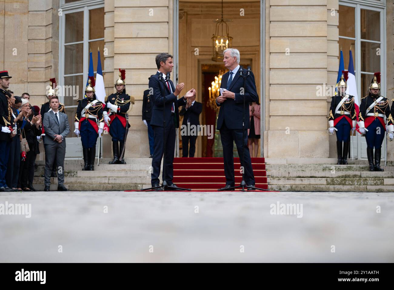 French outgoing Prime Minister Gabriel Attal and New French Prime ...