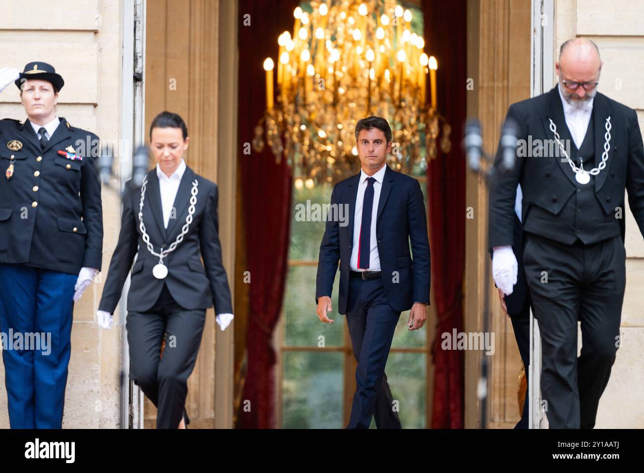 French outgoing Prime Minister Gabriel Attal during the handover ...