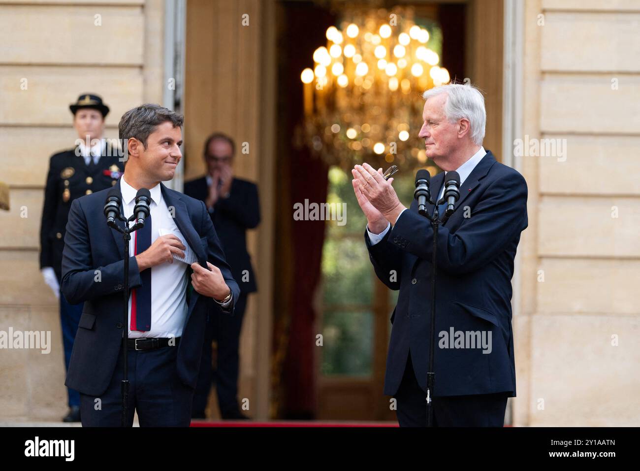 French outgoing Prime Minister Gabriel Attal and New French Prime ...