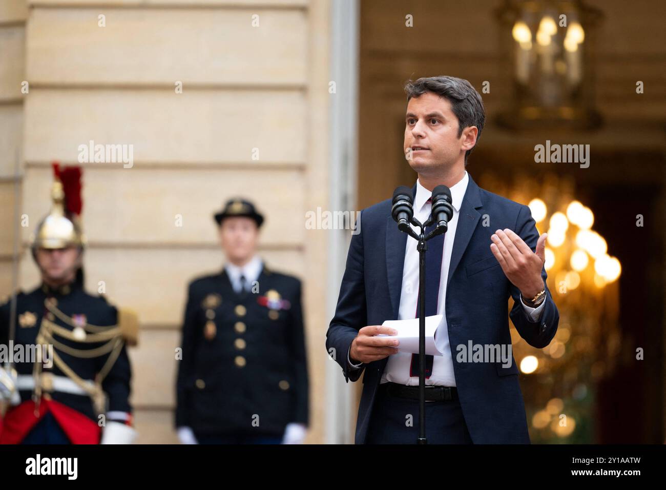 French outgoing Prime Minister Gabriel Attal during the handover ...