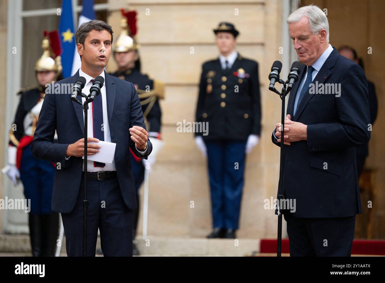 French outgoing Prime Minister Gabriel Attal and New French Prime ...