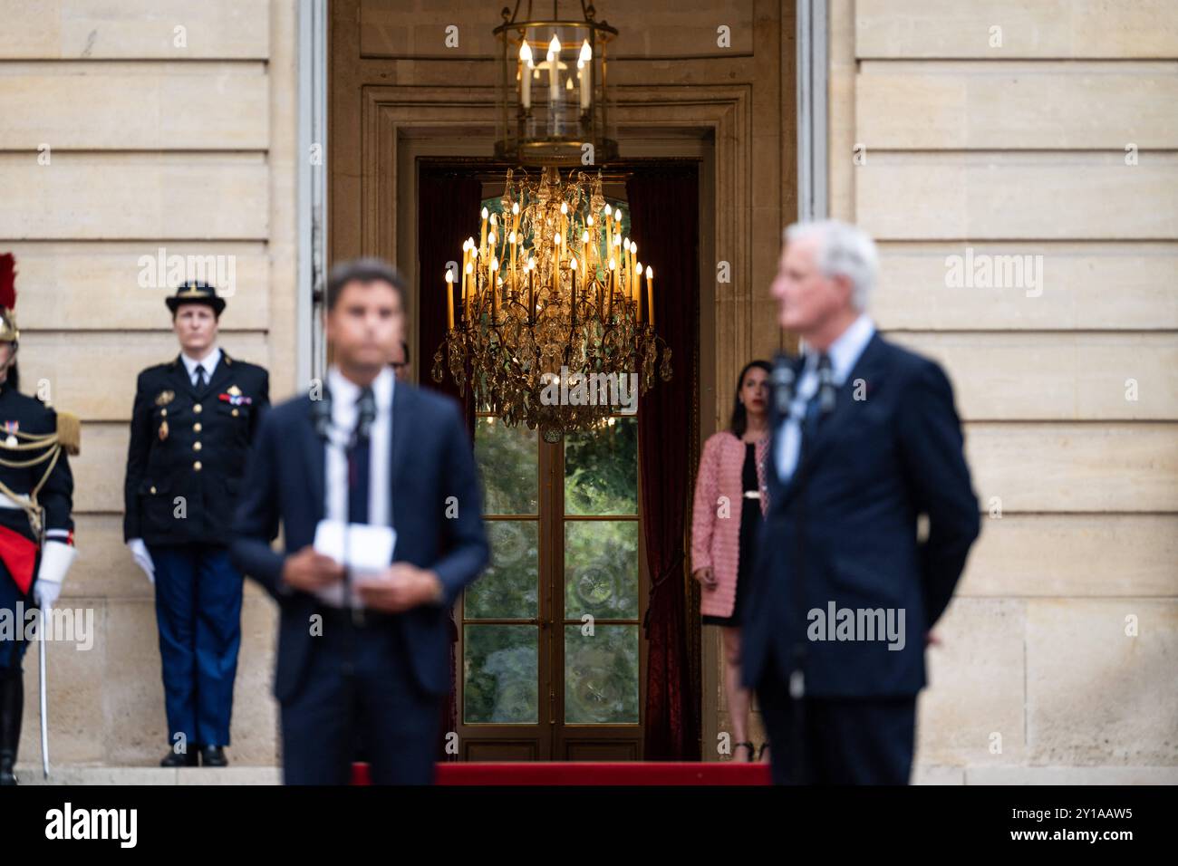 French outgoing Prime Minister Gabriel Attal and New French Prime ...