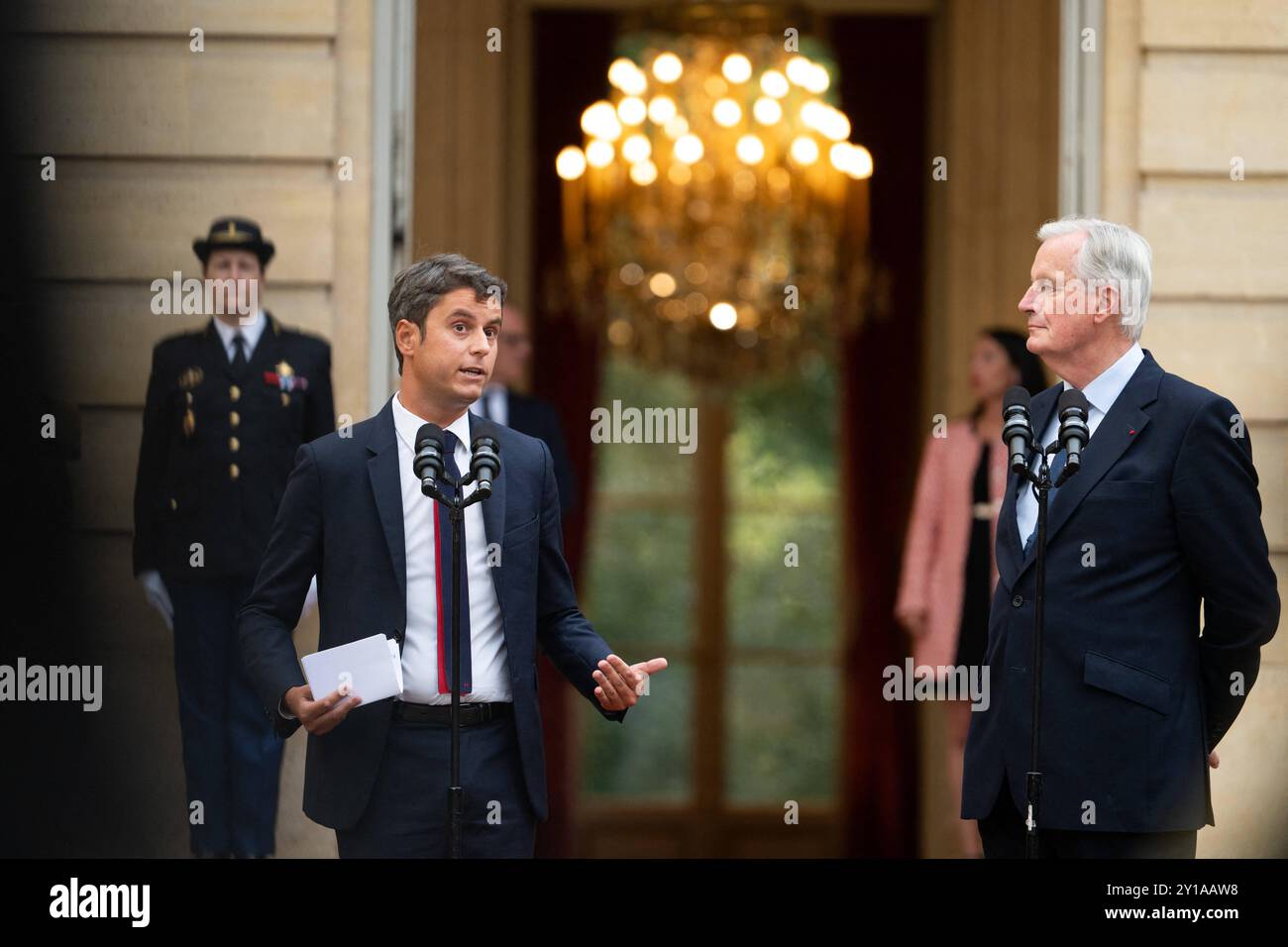 French outgoing Prime Minister Gabriel Attal and New French Prime ...