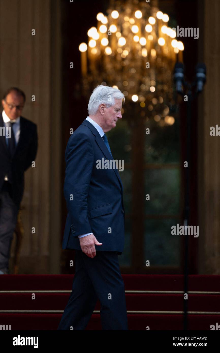 New French Prime Minister Michel Barnier during the handover ceremony ...