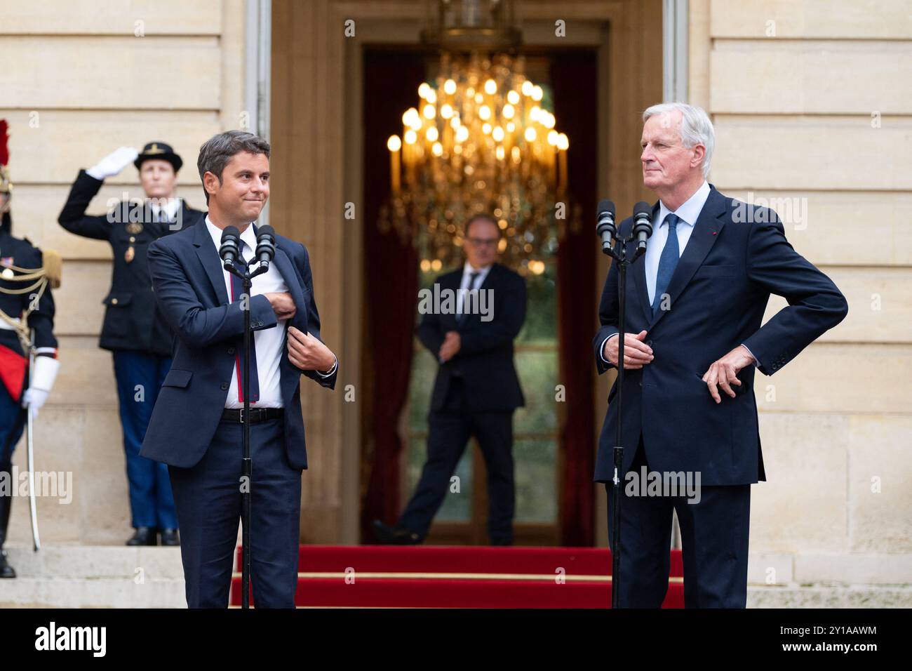 French outgoing Prime Minister Gabriel Attal and New French Prime ...