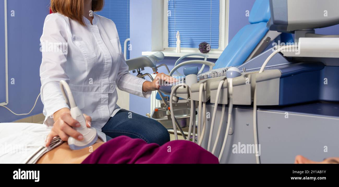 The doctor performs an ultrasound diagnosis of the abdominal cavity of ...