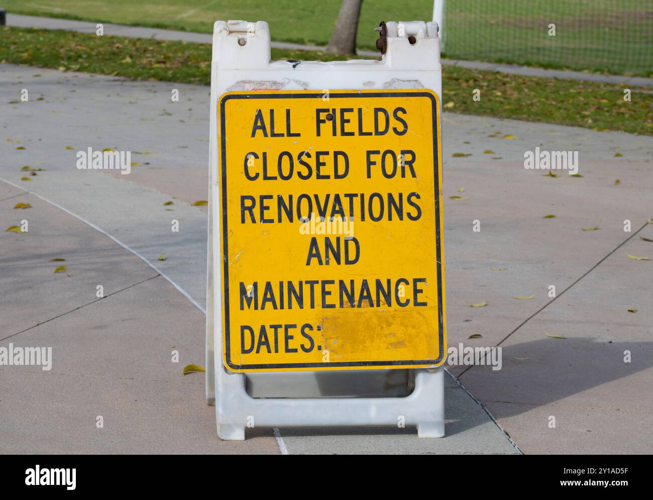 all fields closed for renovations and maintenance yellow sign Stock ...