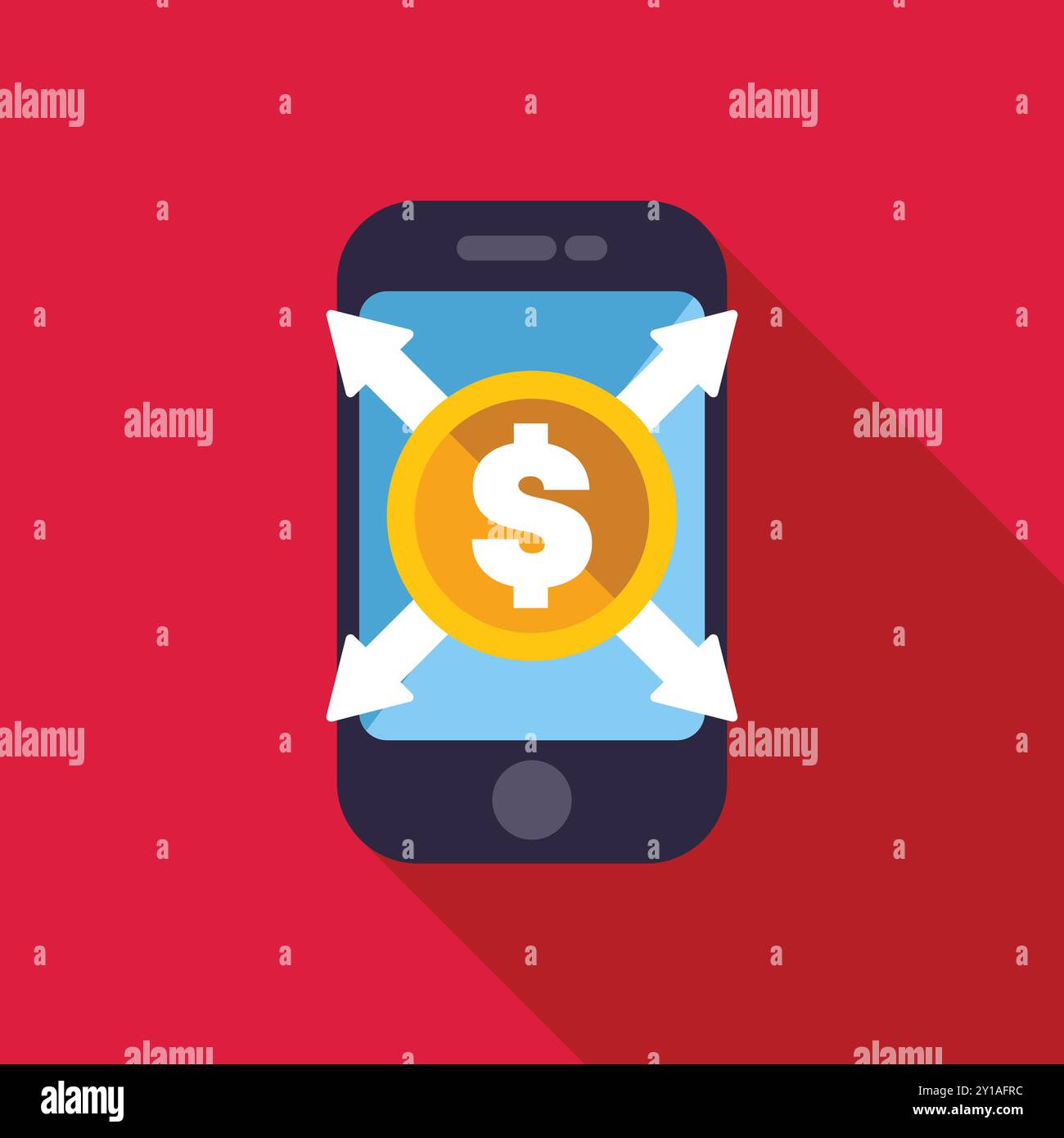 Mobile phone with dollar coin and arrows pointing outward symbolizing ...