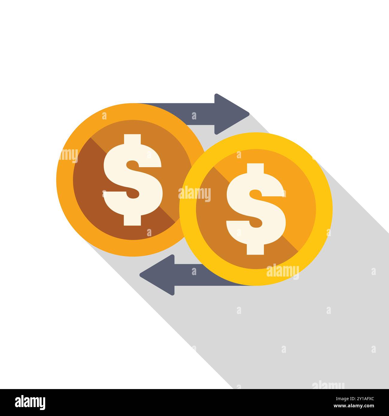 Two golden coins with dollar sign and two opposite arrows between them ...