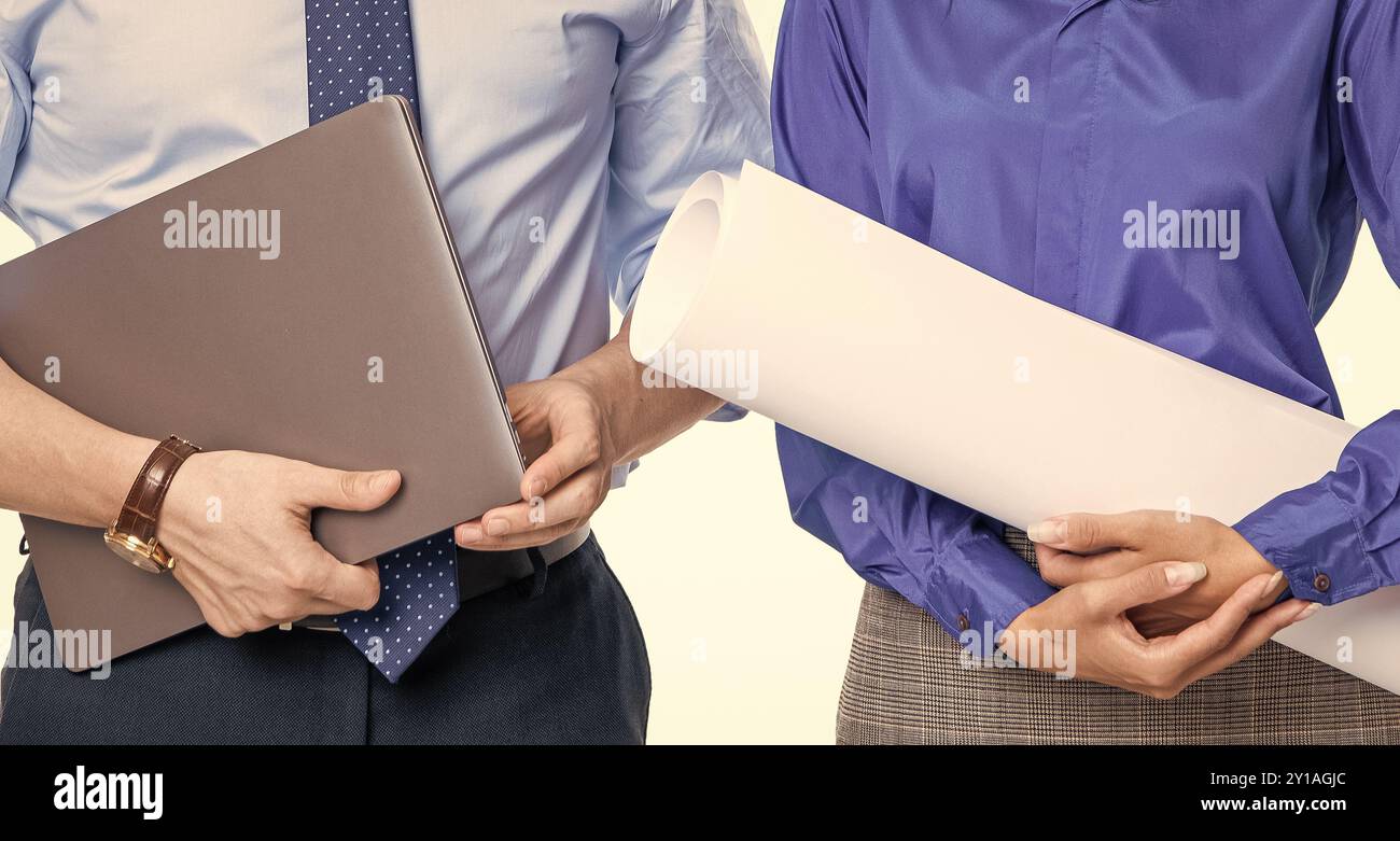 Data protection. Supervisor engineer with blueprint. Plan construction ...